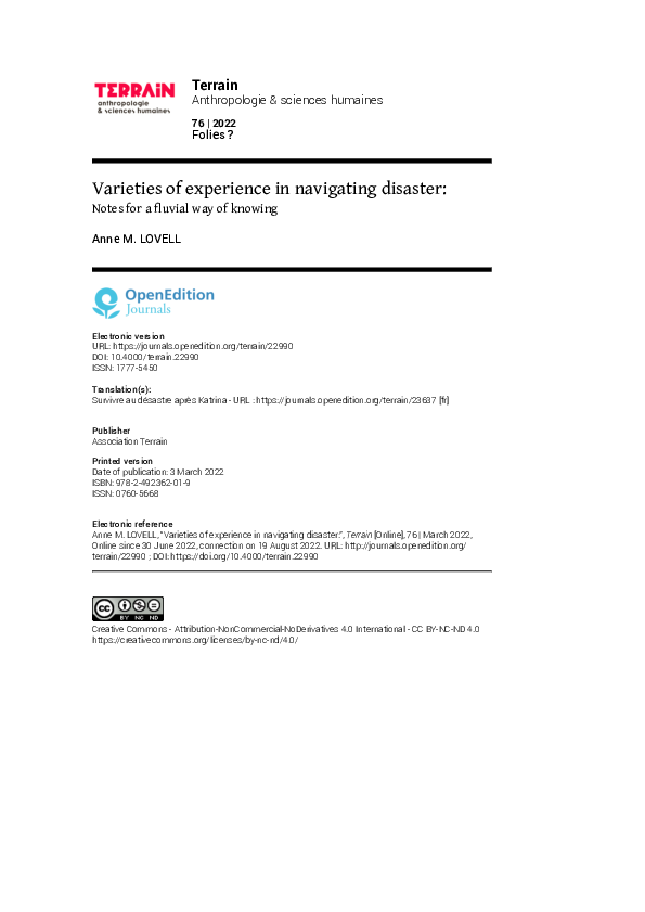 (PDF) Varieties of experience in navigating disaster: Notes for a ...