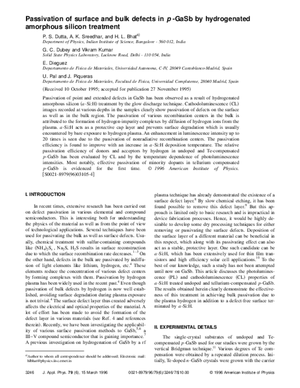 (PDF) Passivation of surface and bulk defects in p -GaSb by hydrogenated amorphous silicon treatment