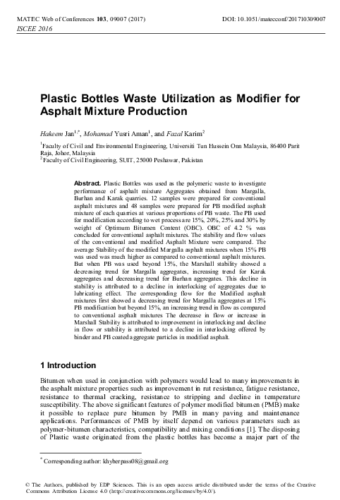 (PDF) Plastic Bottles Waste Utilization as Modifier for Asphalt Mixture Production