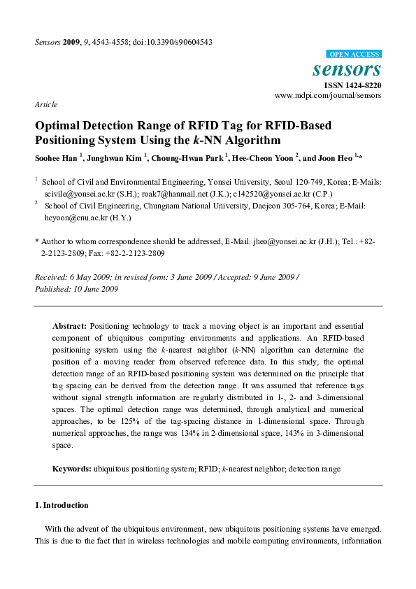 (PDF) Optimal Detection Range of RFID Tag for RFID-based Positioning System Using the k-NN Algorithm