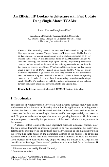 Pdf An Efficient Ip Lookup Architecture With Fast Update Using Single Match Tcams 