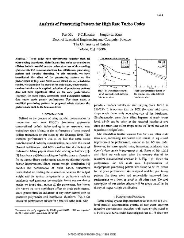Pdf Analysis Of Puncturing Pattern For High Rate Turbo Codes Junghwan Kim