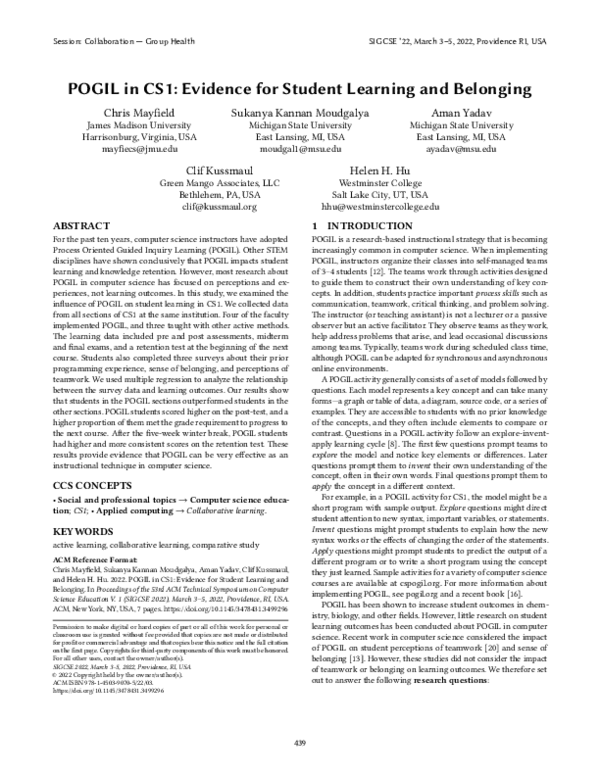 (PDF) POGIL in CS1: Evidence for Student Learning and Belonging