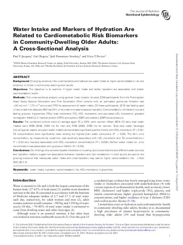 (PDF) Water Intake and Markers of Hydration Are Related to ...