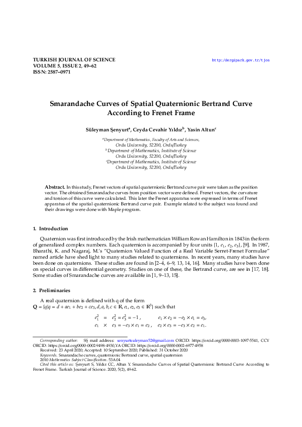 (PDF) Smarandache Curves of Spatial Quaternionic Bertrand Curve According to Frenet Frame