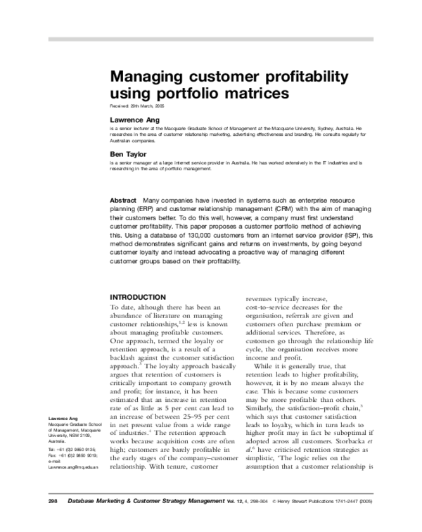 (PDF) Managing customer profitability using portfolio matrices