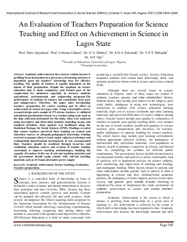 (PDF) An Evaluation of Teachers Preparation for Science Teaching and ...