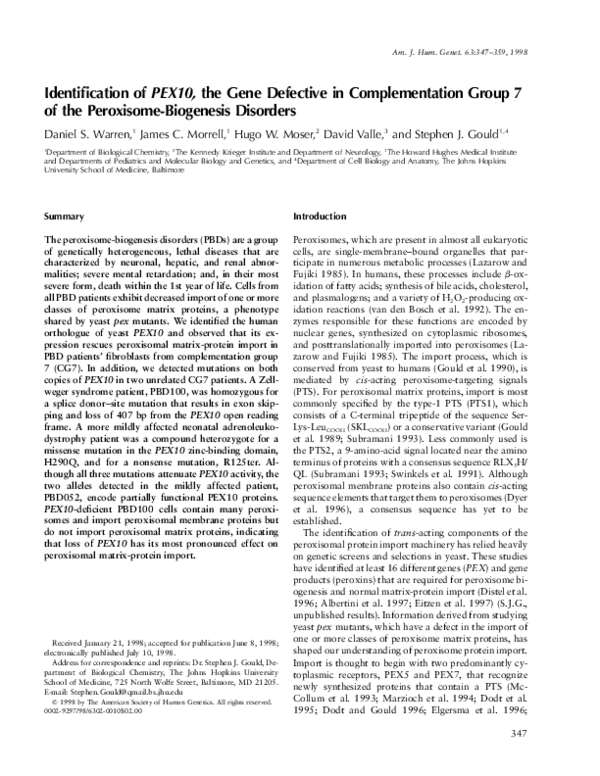 Identification of PEX10, the Gene Defective in Complementation Group 7 ...