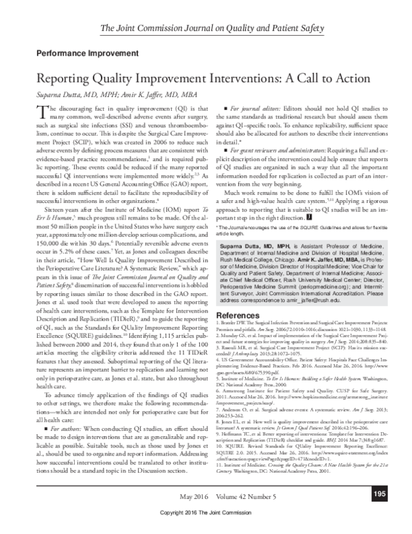(PDF) Reporting Quality Improvement Interventions: A Call to Action