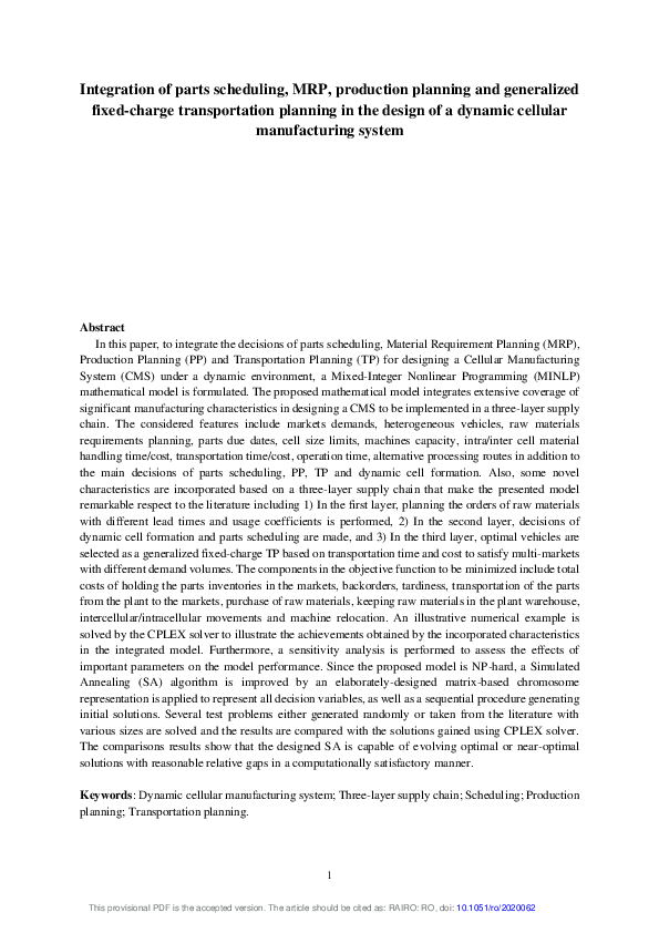 (PDF) Integration of parts scheduling, MRP, production planning and ...