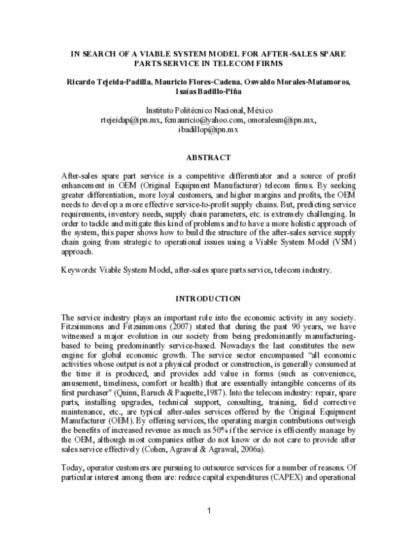 (PDF) In Search of a Viable System Model for After-Sales Spare Parts ...