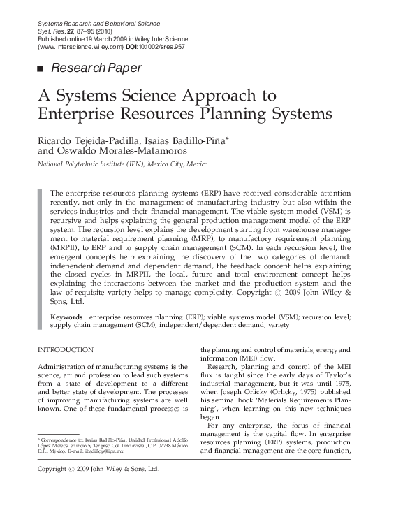 (PDF) A systems science approach to enterprise resources planning systems