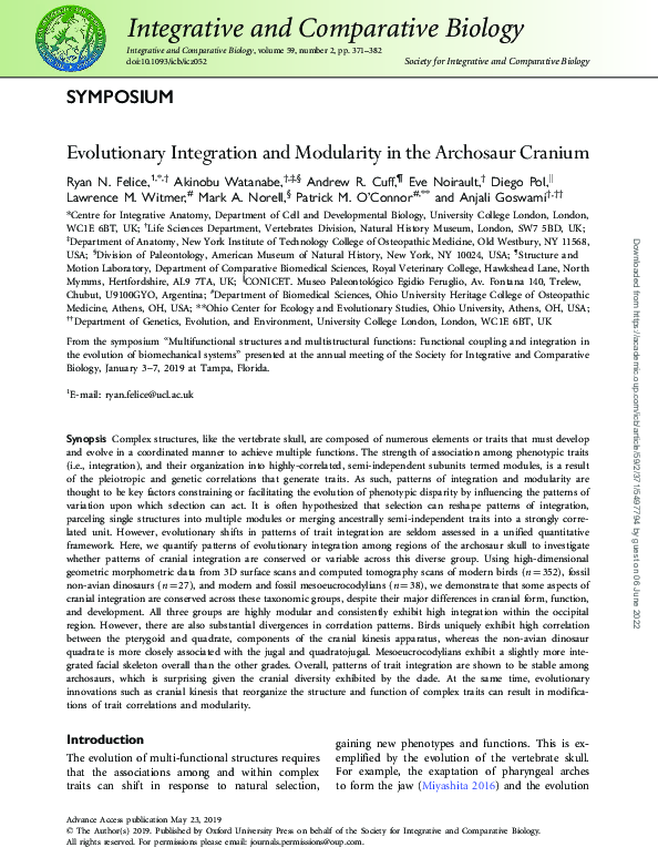 (PDF) Evolutionary Integration and Modularity in the Archosaur Cranium