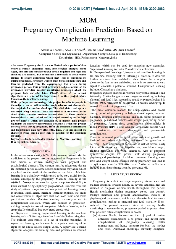 (PDF) Pregnancy Complication Prediction Based on Machine Learning
