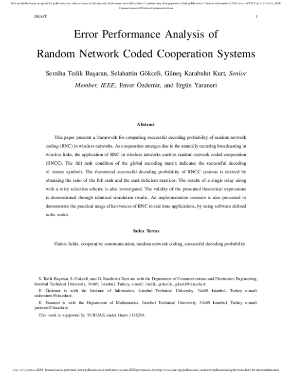 (PDF) Error Performance Analysis of Random Network Coded Cooperation Systems