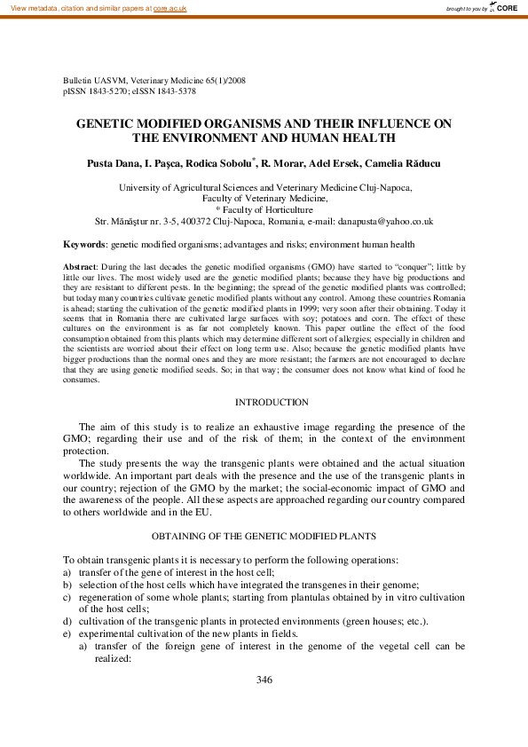 Pdf Genetic Modified Organisms And Their Influence On The Environment