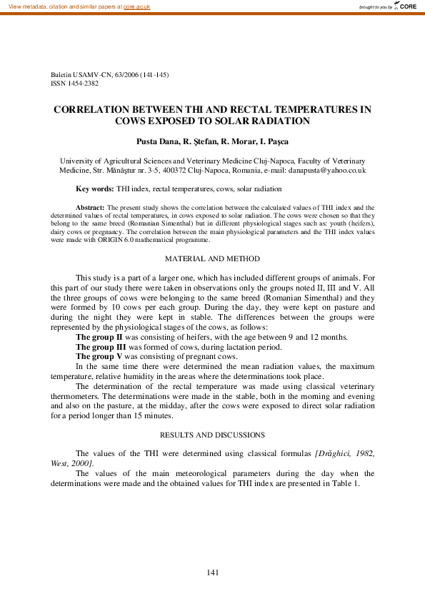 (PDF) Correlation Between Thi and Rectal Temperatures in Cows Exposed ...