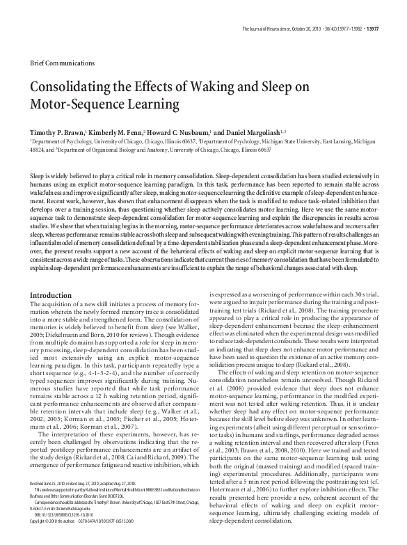 (PDF) Consolidating the Effects of Waking and Sleep on Motor-Sequence Learning | Howard Nusbaum ...