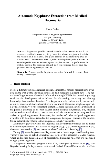 Pdf Automatic Keyphrase Extraction From Medical Documents
