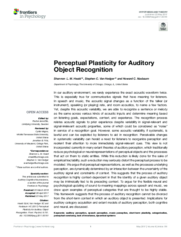 (PDF) Perceptual Plasticity for Auditory Object Recognition