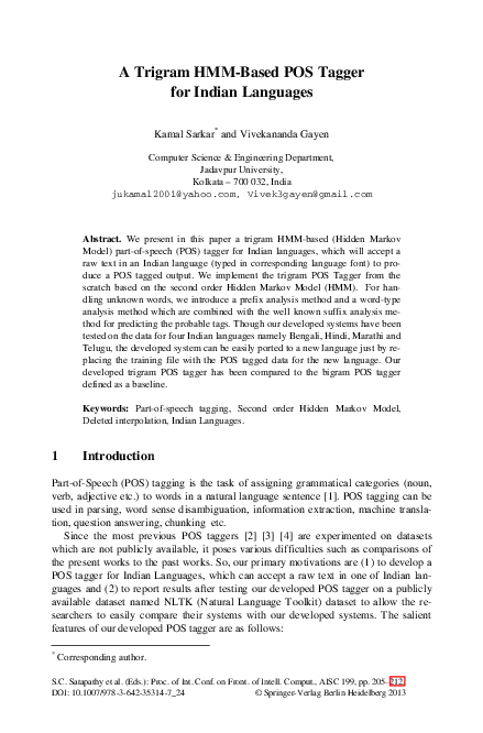 (PDF) A Trigram HMM-Based POS Tagger for Indian Languages