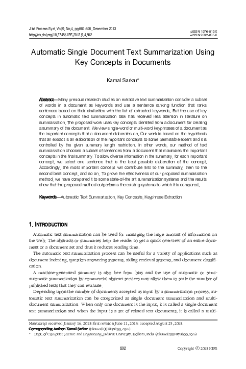 (PDF) Automatic Single Document Text Summarization Using Key Concepts in Documents