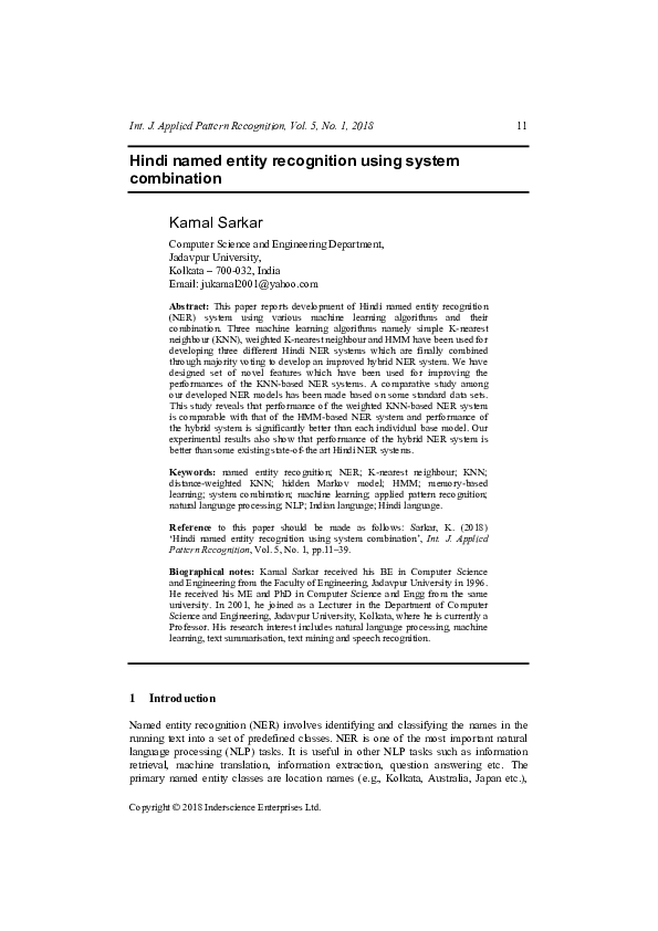 (PDF) Hindi named entity recognition using system combination (PDF) Hindi named entity recognition using system combination