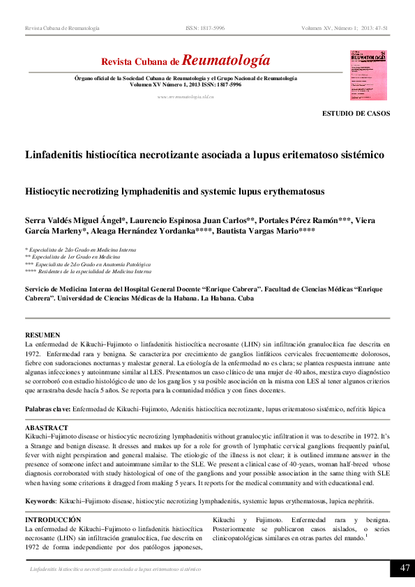 (PDF) Linfadenitis histiocítica necrotizante asociada a lupus ...