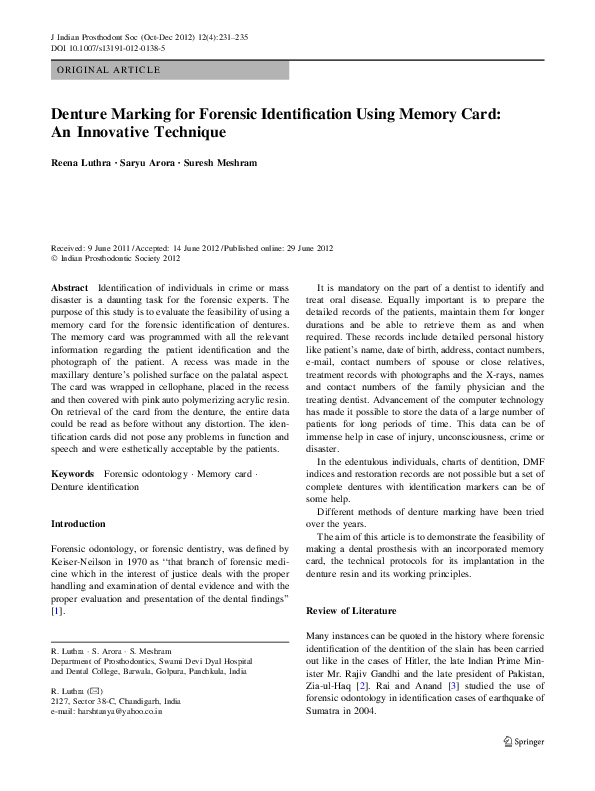 (PDF) Forensic Denture ID with Memory Cards