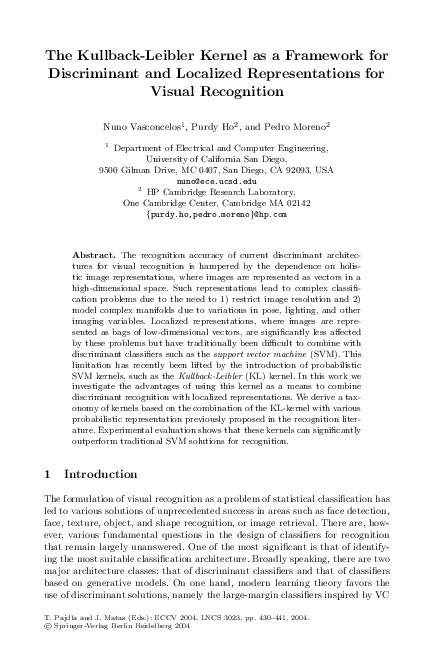 (PDF) The Kullback-Leibler Kernel as a Framework for Discriminant and Localized Representations ...