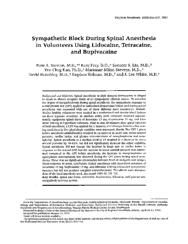 (PDF) Sympathetic block during spinal anesthesia in volunteers using ...