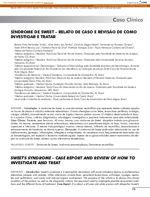 (PDF) Síndrome De Sweet - Relato De Caso e Revisão De Como Investigar e ...