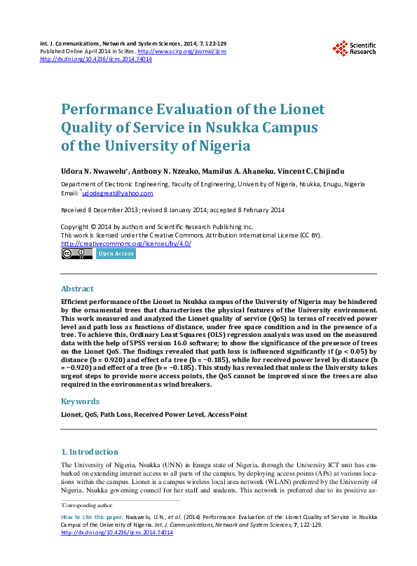 (PDF) Performance Evaluation of the Lionet Quality of Service in Nsukka ...
