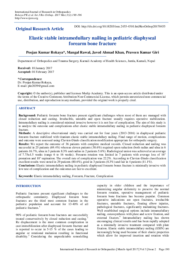 (PDF) Elastic stable intramedullary nailing in pediatric diaphyseal forearm bone fracture ...