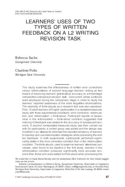 (PDF) Learners' Uses of Two Types of Written Feedback on a L2 Writing ...