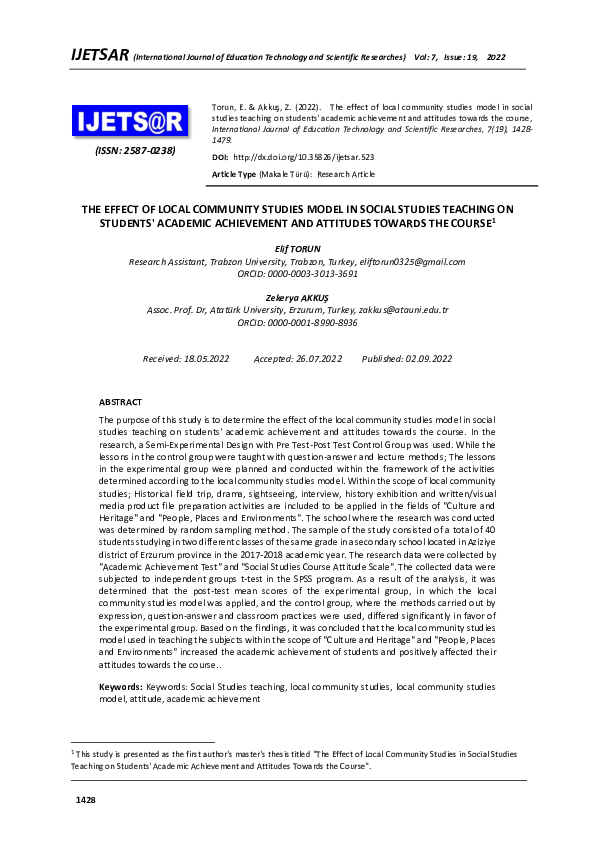 (PDF) THE EFFECT OF LOCAL COMMUNITY STUDIES MODEL IN SOCIAL STUDIES ...