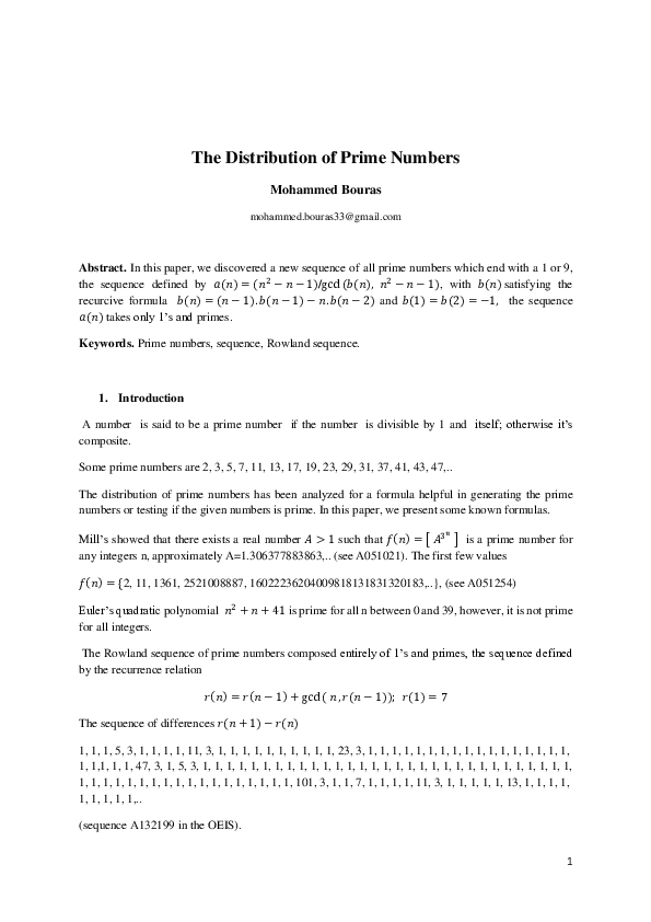 (PDF) The Distribution of Prime Numbers