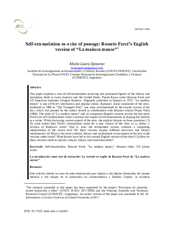 (PDF) Self-retranslation as a rite of passage: Rosario Ferré’s English ...