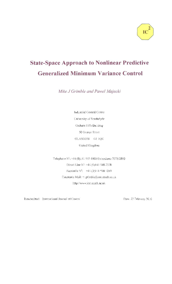 Pdf State Space Approach To Nonlinear Predictive Generalised Minimum Variance Control