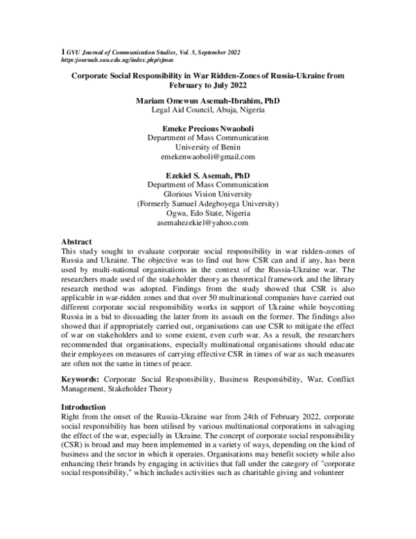 (PDF) Corporate Social Responsibility in War Ridden-Zones of Russia ...