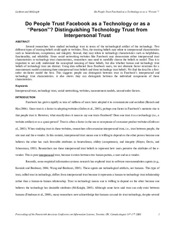 (DOC) Do People Trust Facebook as a Technology or as a "Person ...
