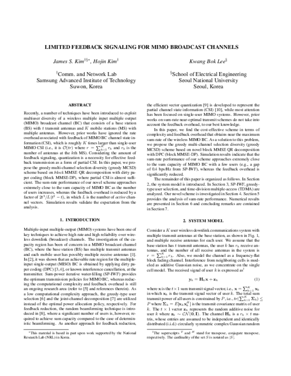 (PDF) Limited feedback signaling for MIMO broadcast channels