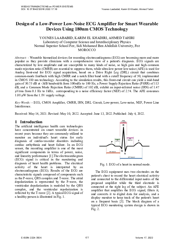 (PDF) Design of a Low-Power Low-Noise ECG Amplifier for Smart Wearable Devices Using 180nm CMOS ...