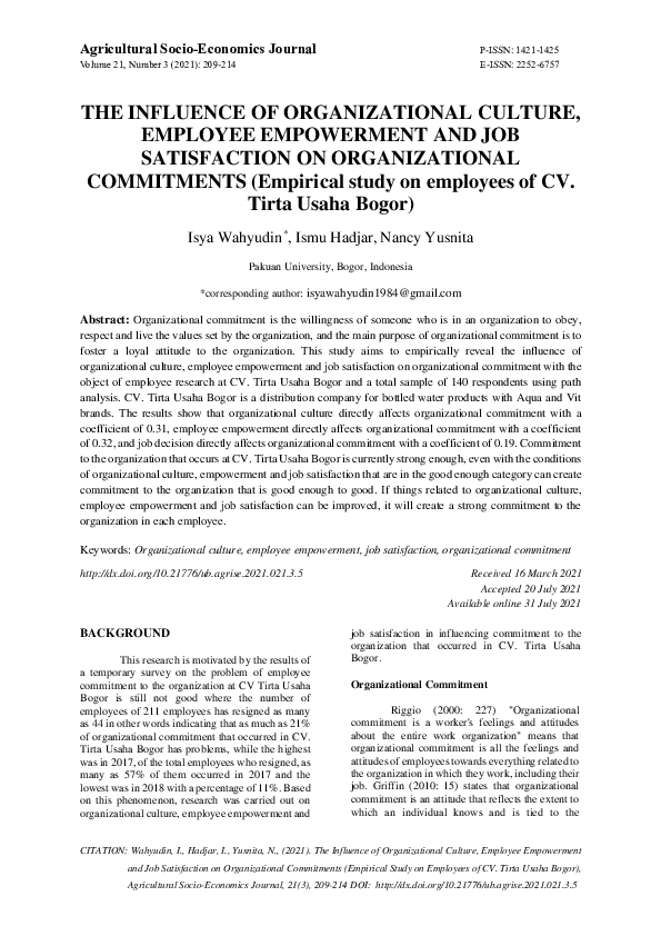 (PDF) The Influence of Organizational Culture, Employee Empowerment and ...