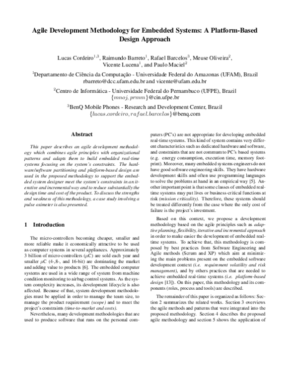 (PDF) Agile Development Methodology for Embedded Systems: A Platform-Based Design Approach