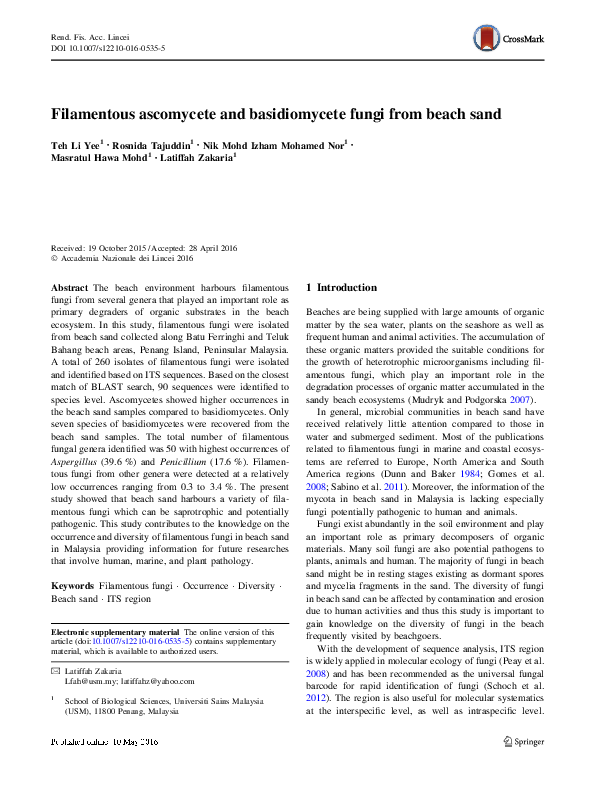 (PDF) Filamentous ascomycete and basidiomycete fungi from beach sand
