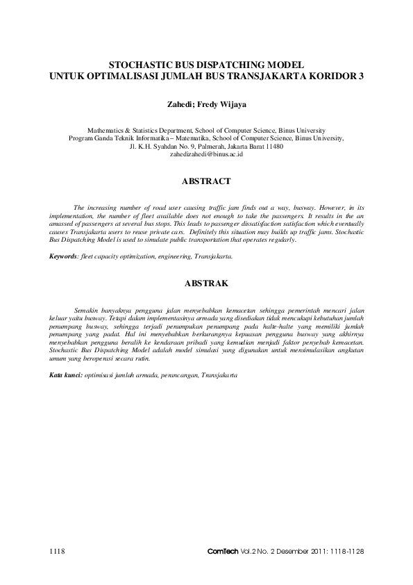 (PDF) Stochastic Bus Dispatching Model untuk Optimalisasi Jumlah Bus Transjakarta Koridor 3