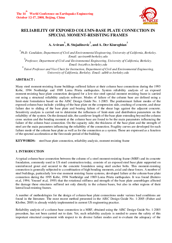 (PDF) Reliability of Exposed Column-Base Plate Connection in Special ...