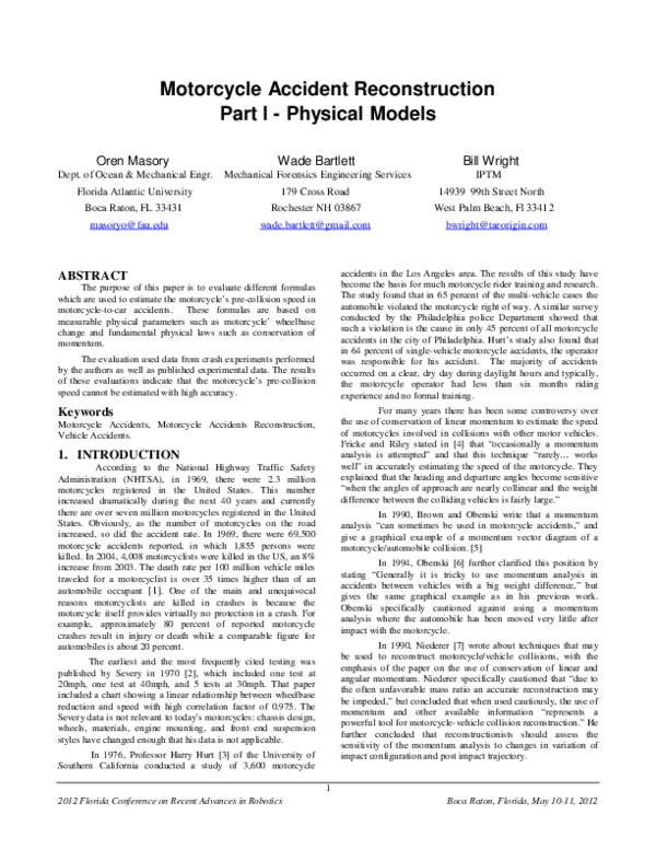 (PDF) Motorcycle Accident Reconstruction Part I - Physical Models