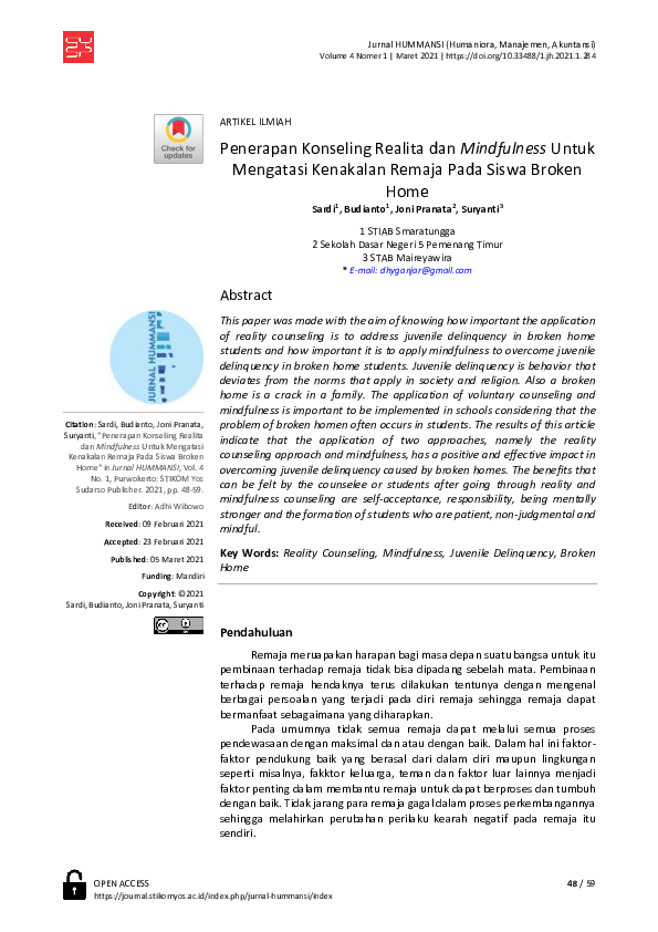 (PDF) Penerapan Konseling Realita dan Mindfulness Untuk Mengatasi Kenakalan Remaja pada Siswa ...